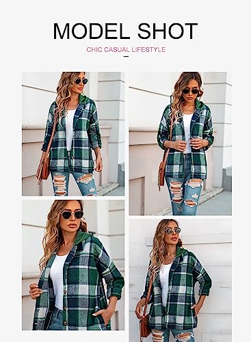 EVALESS Women's Hooded Flannel Fall Fleece Plaid Shacket Jacket 2023 Fashion Casual Long Sleeve Button Down Shirts Coats,Green XL