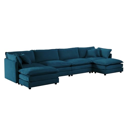 KIVENJAJA Oversized U-Shaped Modular Sectional Sofa, Modern Chenille 4-Seater Deep Seat Cloud Couch with 2 Ottomans/Chaises & 6 Pillows for Living Room Office, 146.5”W, Blue