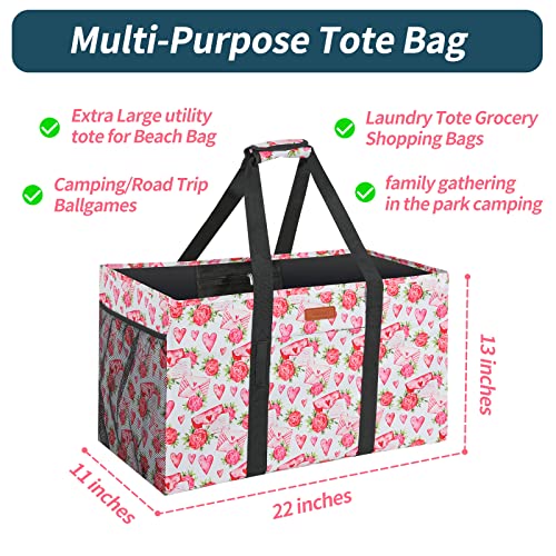 MHOMER Reusable Grocery Bags Extra Waterproof Large Tote Bag with Carrying Handles Reinforced Bottom Durable Oxford Fabric Foldable Shopping Bags for Storage Space Saving Red Heart Pattern