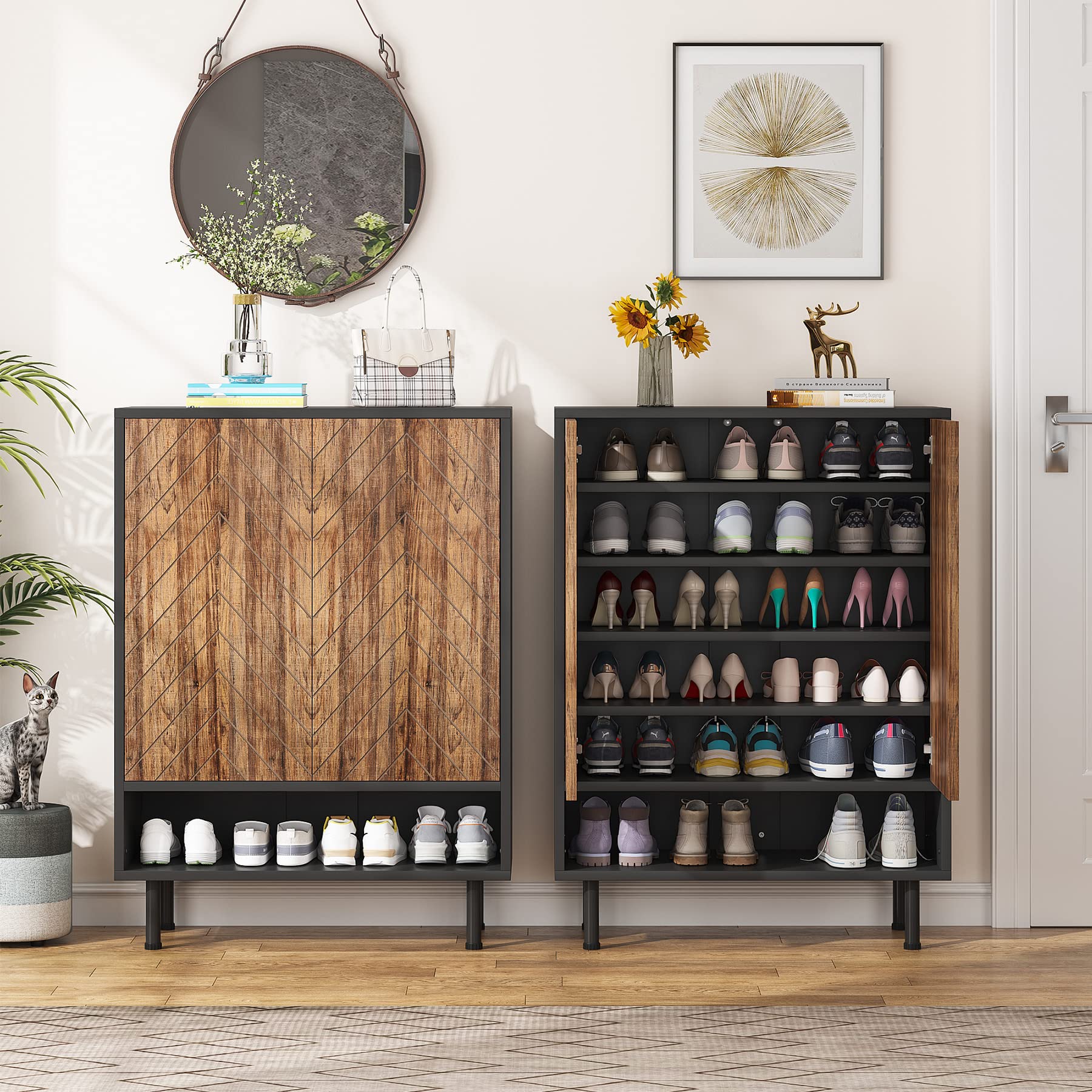 Tribesigns Shoe Cabinet, 18 Pair Shoe Rack Organizer Cabinet with Door, 6-Tier Modern Shoe Storage Cabinet with Shelves for Entryway Hallway Closet Bedroom, Black and Brown