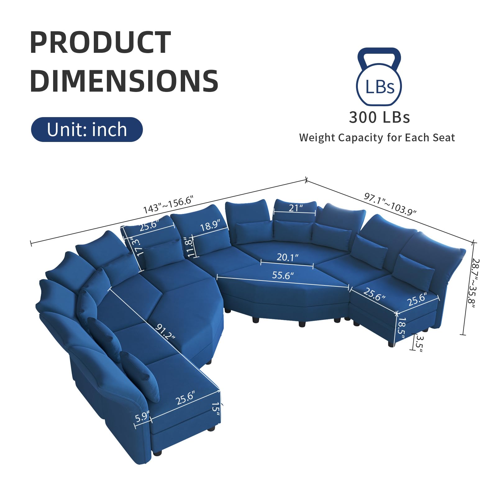 LLappuil Sectional Sofa Convertible U Shaped High Back Modular Couch with Storage Wide Chaise 10 Seat Comfy Modular Sectional Couch Scratch Resistant Easy Clean for Living Room, Blue