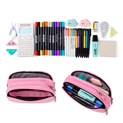 Expandable Pencil Case,Large Pencil Pouch for Boys Teen Girls;Canvas Three Zipper Multifunction Soft Fabric Pen Bag for School by Only WarmPink