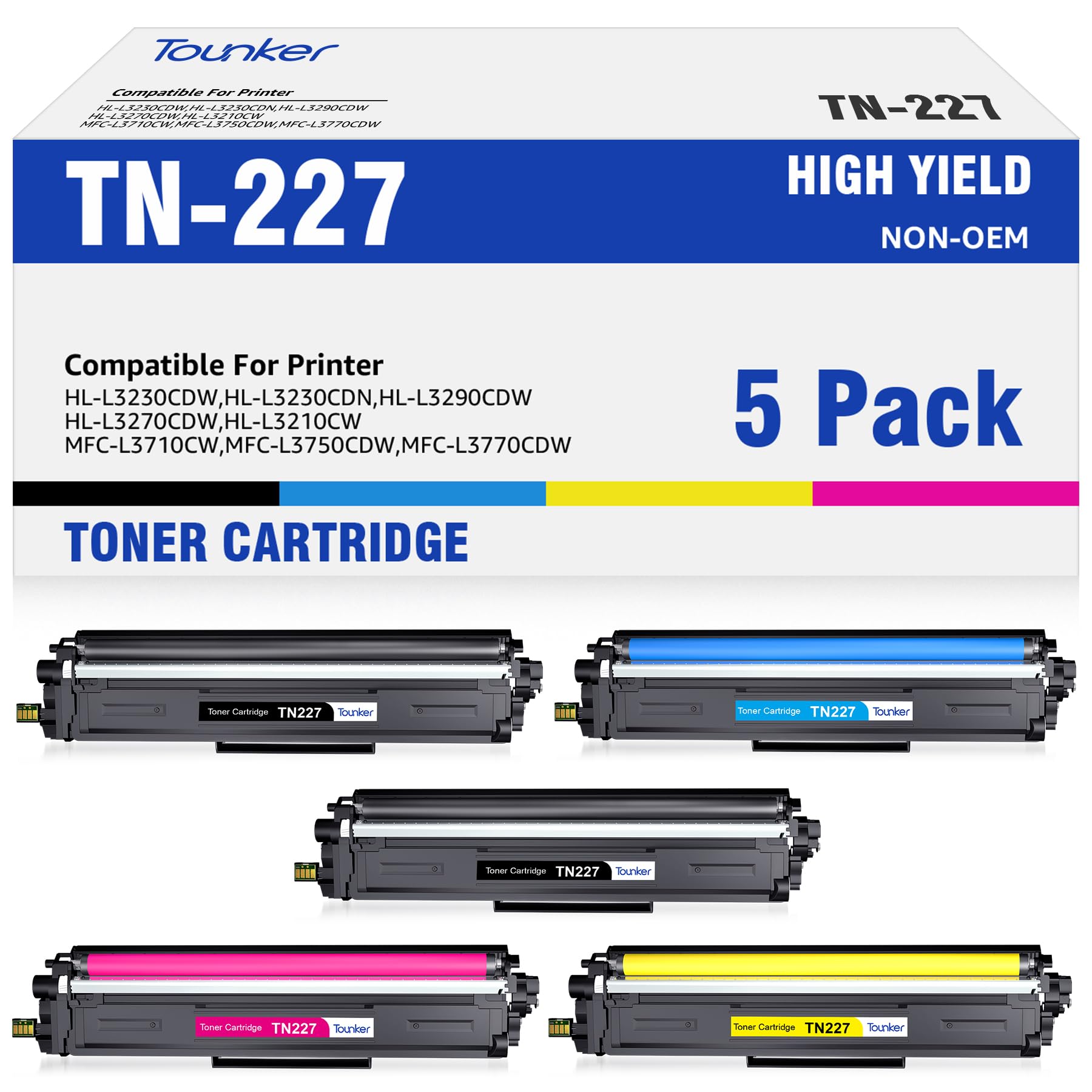 Tounker TN227BK/C/M/Y High Yield Toner Cartridges Compatible for Brother TN227 TN227BK TN-227 TN223 TN223BK for MFC-L3770CDW HL-L3270CDW HL-L3290CDW HL-L3210CW MFC-L3710CW Printer (5 Pack)