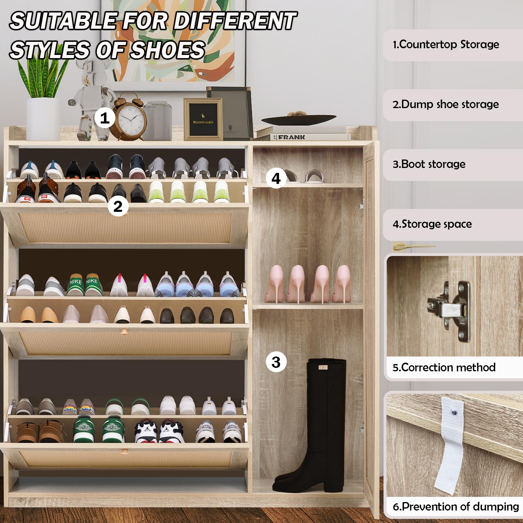 FUQARHY Shoe Cabinet with 3 Flip Drawers & Doors, Modern Slim Shoe Storage Cabinet Free Standing Shoe Organizer Shoe Rack for Boot, Sneaker, Entryway Narrow Shoe Storage for Hallway Living Room