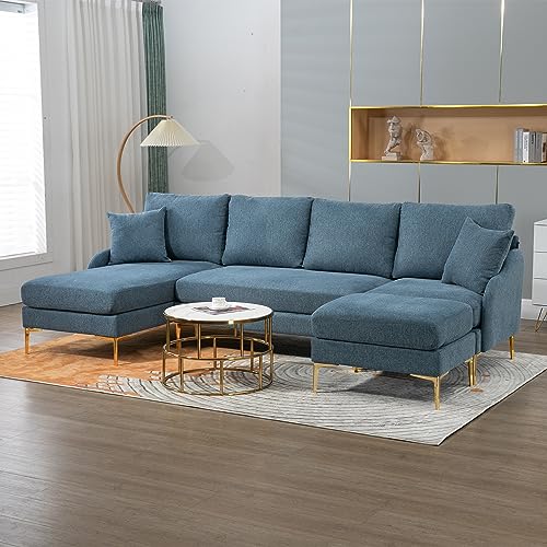 FANYE 110'' Modern Reversible Chaise Sectional U-Shaped Convertible, 4-Seat Polyester Blend Upholstered Sofa & Couch with 2 Pillows and Metal Legs for Home Apartment Office Living Room, Green, Blue