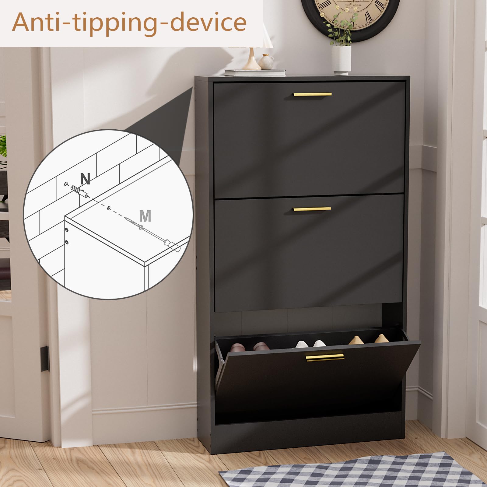 LYNSOM Shoe Cabinet, Free Standing Tipping Bucket Shoe Rack Organizer with 3 Flip Drawers, Modern Entryway Shoe Storage with Top Display, Narrow Slim Hidden Shoe Cabinet (Black)
