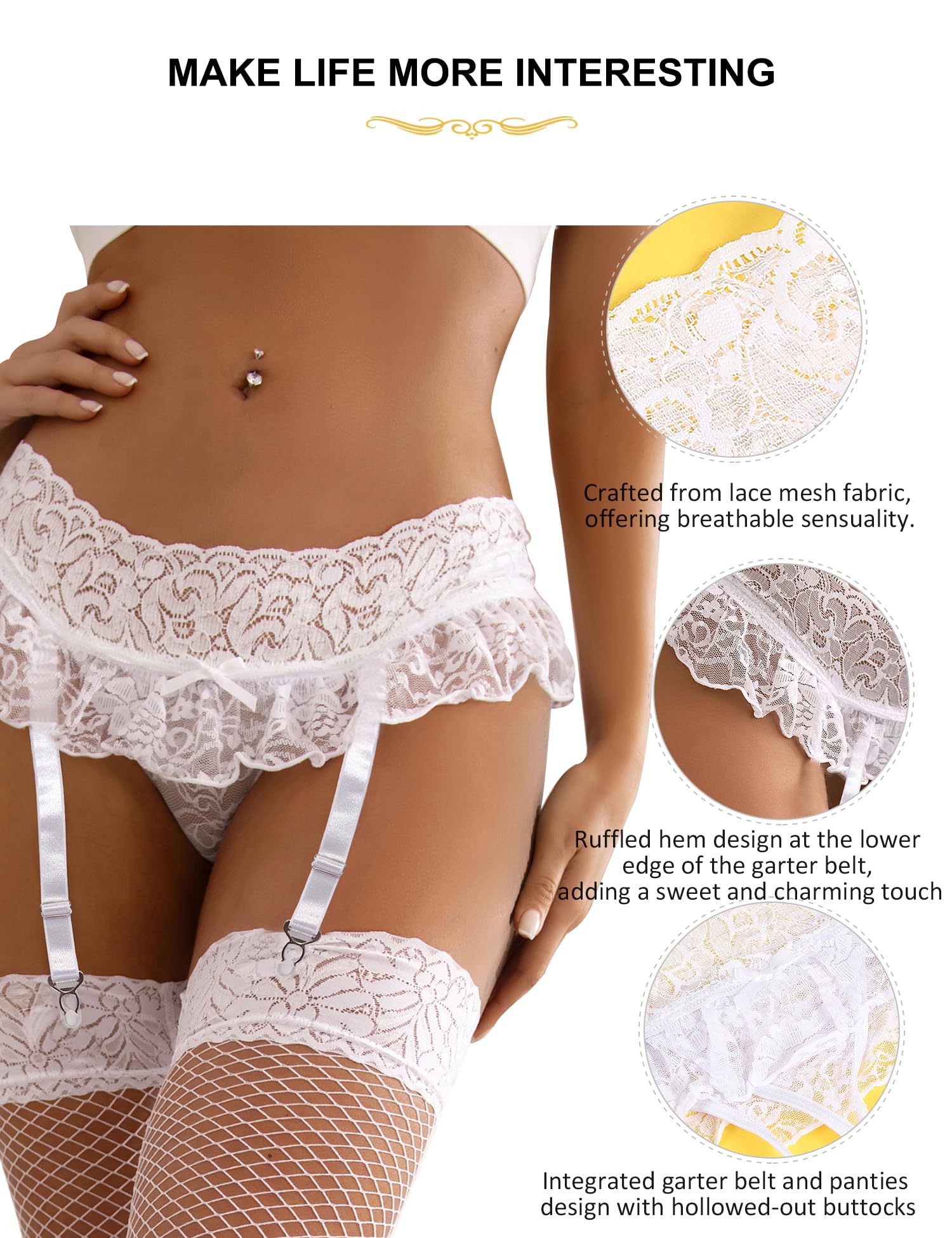 comeondear Women Lace Garter Belts and Stocking Set Lace Suspender with G-String White Garter Skirt M-L