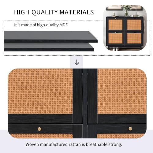Wekity Rattan Boho Style Shoe Cabinet with 4 Flip Drawers, Modern 2-Tier Shoe Storage Organizer with Large Space, Free Standing Shoe Rack for Entrance Hallway (Black)