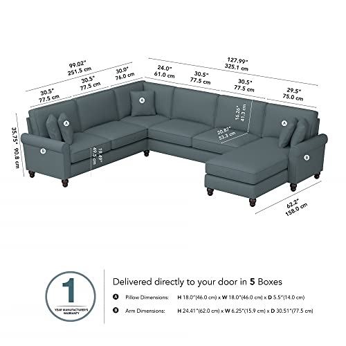Bush Furniture Hudson U Shaped Sectional Couch with Reversible Chaise Lounge, 128W, Turkish Blue Herringbone