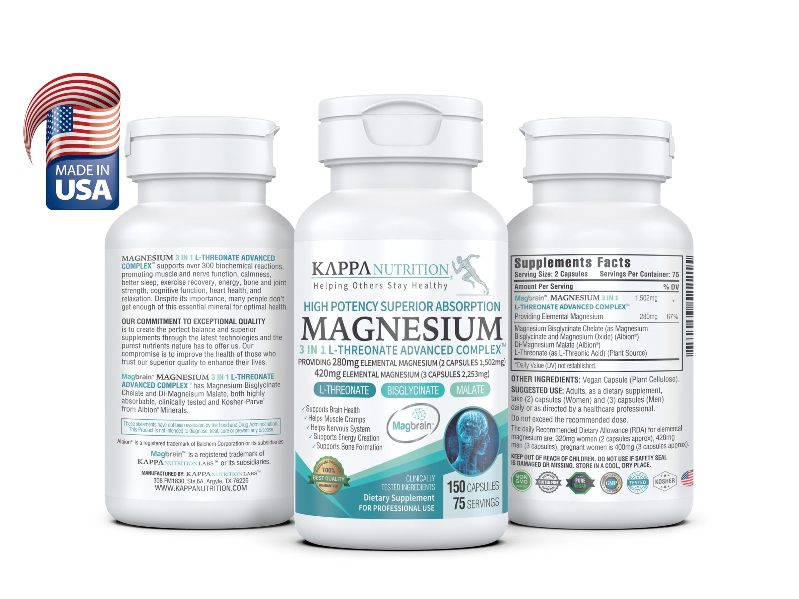 (150 Capsules), 2,253mg Per Serving, Providing 420mg Elemental Magnesium, L-Threonate, Bisglycinate Chelate, Malate, from Kappa Nutrition.