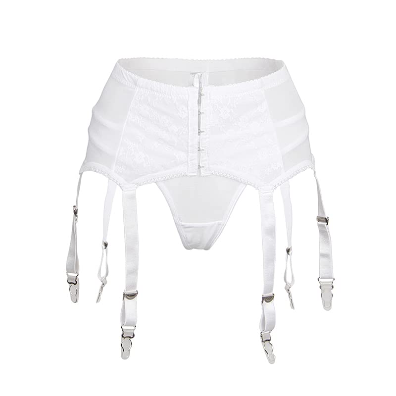 ohyeahlady Garter Belts and Stocking Sets 6 Metal Clips Plus Size Lace Garter Belt 3 Set White M-L
