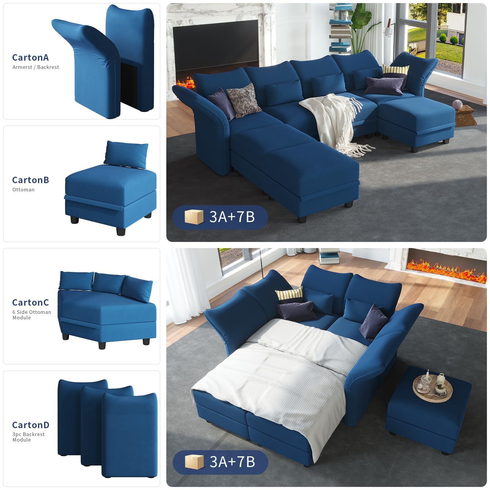 LLappuil Sectional Sofa Convertible U Shaped High Back Modular Couch with Storage Wide Chaise 10 Seat Comfy Modular Sectional Couch Scratch Resistant Easy Clean for Living Room, Blue