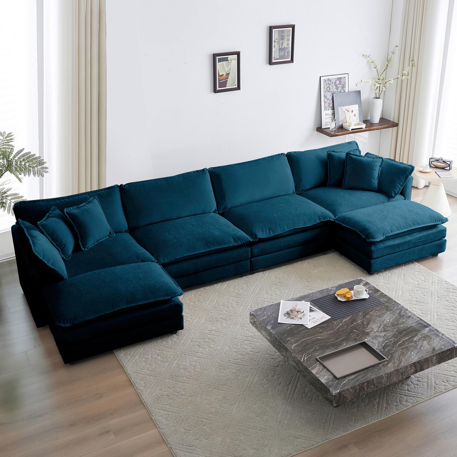kevinplus 146.5'' Blue Large Sectional Sofa Couch U-Shaped with Ottoman for Living Room, Modern Contemporary Modular Sofa Couch for Apartment Office, Chenille Fabric (4-Seat Couch + 2 Ottoman)