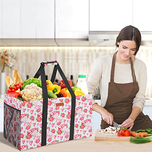 MHOMER Reusable Grocery Bags Extra Waterproof Large Tote Bag with Carrying Handles Reinforced Bottom Durable Oxford Fabric Foldable Shopping Bags for Storage Space Saving Red Heart Pattern
