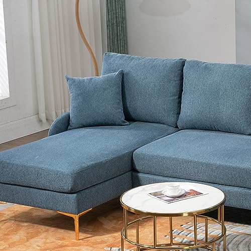FANYE 110'' Modern Reversible Chaise Sectional U-Shaped Convertible, 4-Seat Polyester Blend Upholstered Sofa & Couch with 2 Pillows and Metal Legs for Home Apartment Office Living Room, Green, Blue