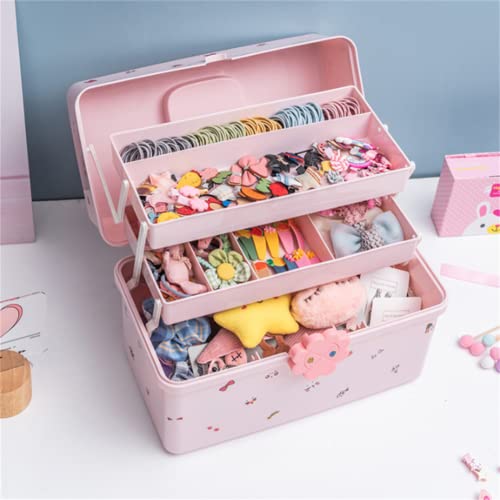 Hair Accessories Storage Box for Girls Hair Supplies Craft Organizers and Storage Plastic Box with 3-Tier Fold Tray and Handle,Portable Lockable Container for Arts Crafts Cosmetic Sewing Toy