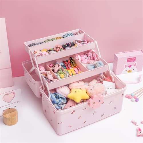 Hair Accessories Storage Box for Girls Hair Supplies Craft Organizers and Storage Plastic Box with 3-Tier Fold Tray and Handle,Portable Lockable Container for Arts Crafts Cosmetic Sewing Toy