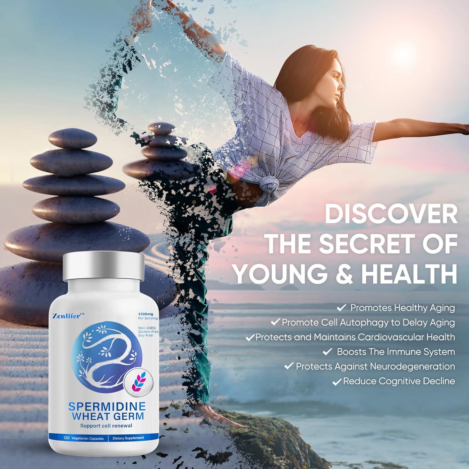 Zenlifer 120 Capsules Spermidine Wheat Germ 1500mg, Spermidine Supplements Wheat Germ Extract with Zinc for Antioxidant and Healthy Aging, Cell Renewal and Immune
