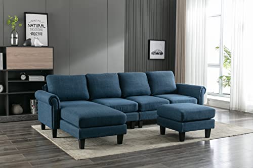 HAUSHECK Modern 4 Seater Sofas, U Shaped Modular Set with Ottomans, Sectional Couches for Living Room, Apartment, 108.66" L x 60.63" W x 32.68" H, Navy