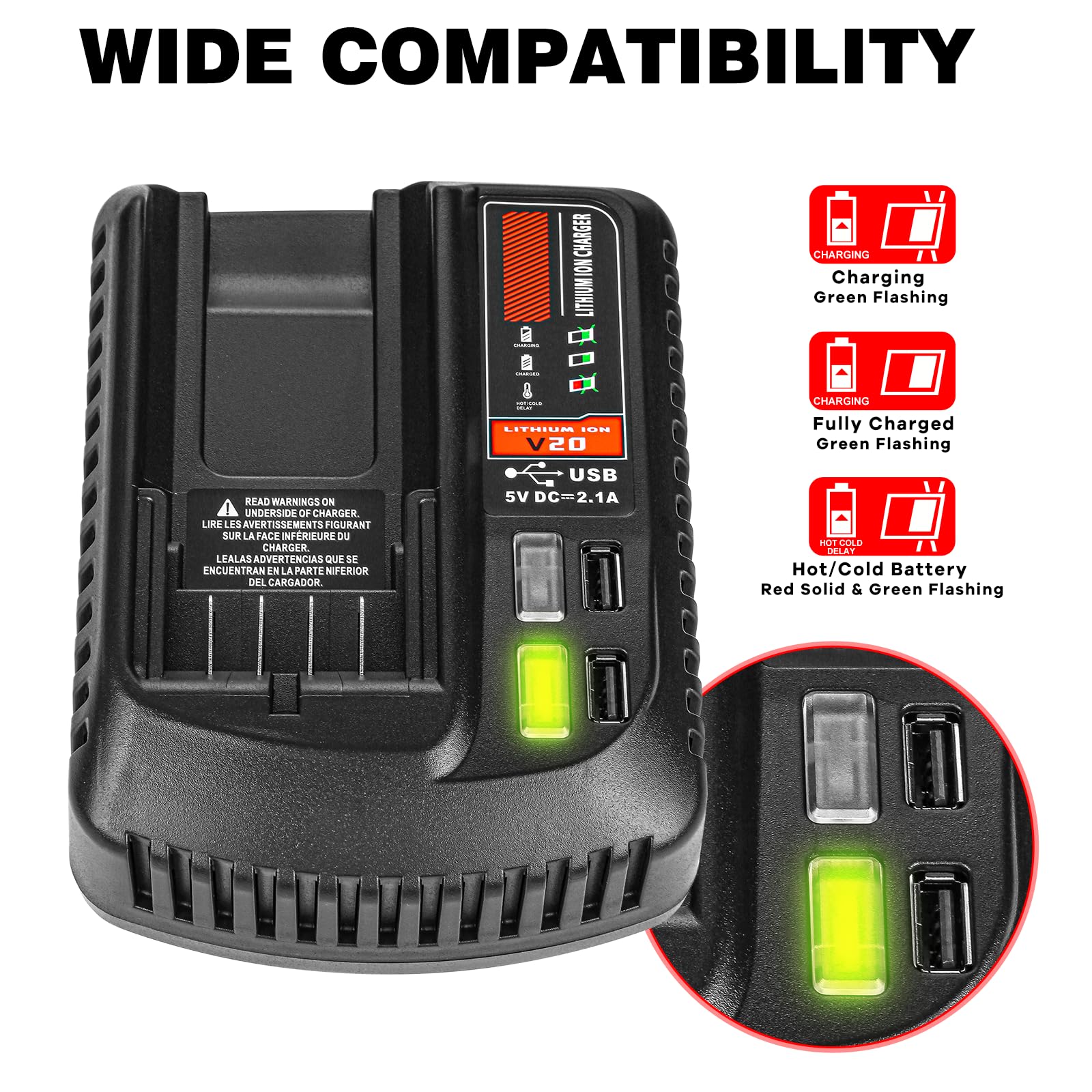 Lxljiad 20V Charger Replacement for Craftsman V20 Lithium Battery Charger Compatible with Craftsman 20V CMCB204 CMCB202 CMCB205 CMCB100 CMCB101 CMCB104 Fast Charger