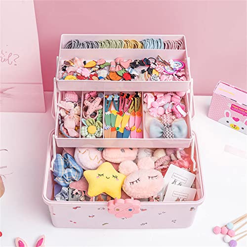 Hair Accessories Storage Box for Girls Hair Supplies Craft Organizers and Storage Plastic Box with 3-Tier Fold Tray and Handle,Portable Lockable Container for Arts Crafts Cosmetic Sewing Toy