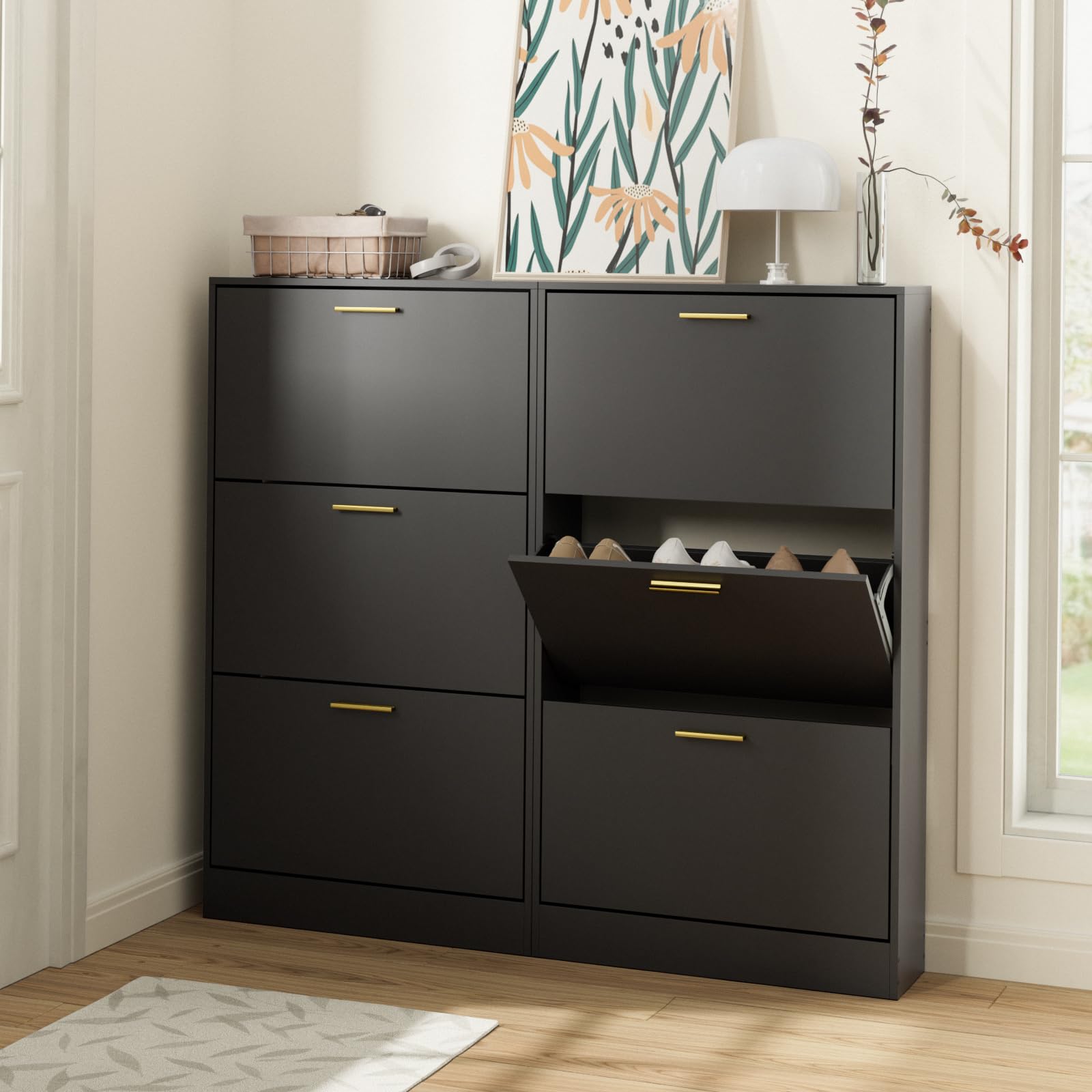 LYNSOM Shoe Cabinet, Free Standing Tipping Bucket Shoe Rack Organizer with 3 Flip Drawers, Modern Entryway Shoe Storage with Top Display, Narrow Slim Hidden Shoe Cabinet (Black)