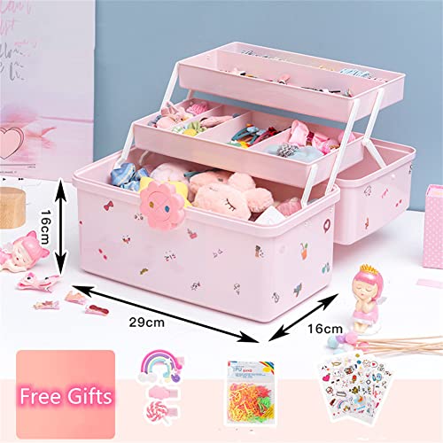 Hair Accessories Storage Box for Girls Hair Supplies Craft Organizers and Storage Plastic Box with 3-Tier Fold Tray and Handle,Portable Lockable Container for Arts Crafts Cosmetic Sewing Toy