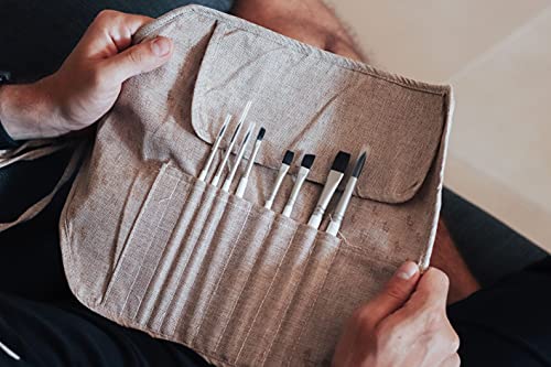 ETCHR Canvas Roll Up Brush Pouch - Brown Paint Brush Holder with Canvas Ties - Paint Tool Roll - Paint Brush Roll Up Case - Art Tool Organizer - Art Brush Roll with Slots and Ties - Paint Brush Case