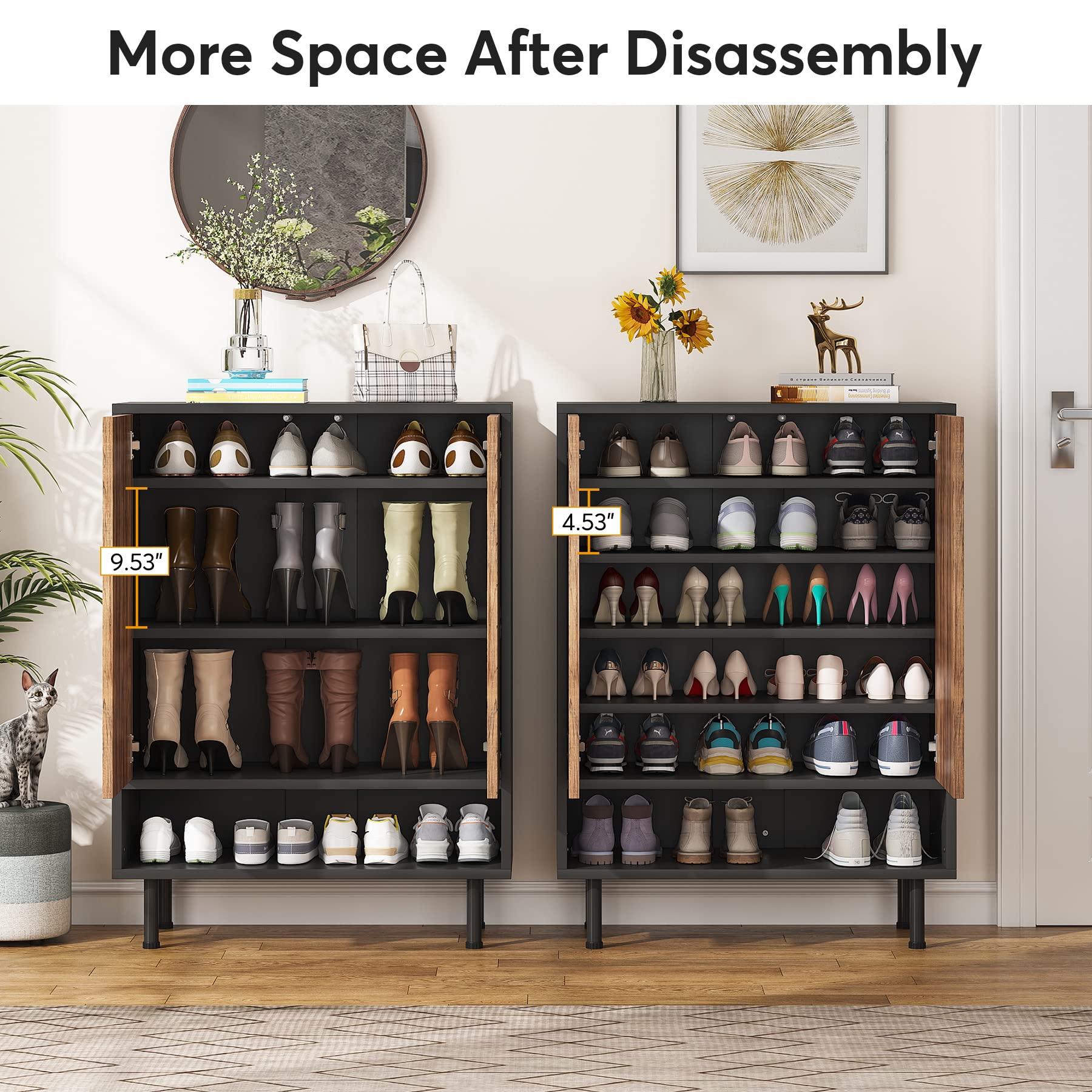 Tribesigns Shoe Cabinet, 18 Pair Shoe Rack Organizer Cabinet with Door, 6-Tier Modern Shoe Storage Cabinet with Shelves for Entryway Hallway Closet Bedroom, Black and Brown