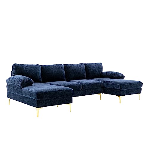 Zaboro 110" U-Shaped Sectional Sofa, 4-Seater Modular Sofa Couch with Double Chaises, Velvet Accent Sofa with Golden Metal Legs & Armrest Pillows, for Living Room, Apartment and Office,Navy Blue