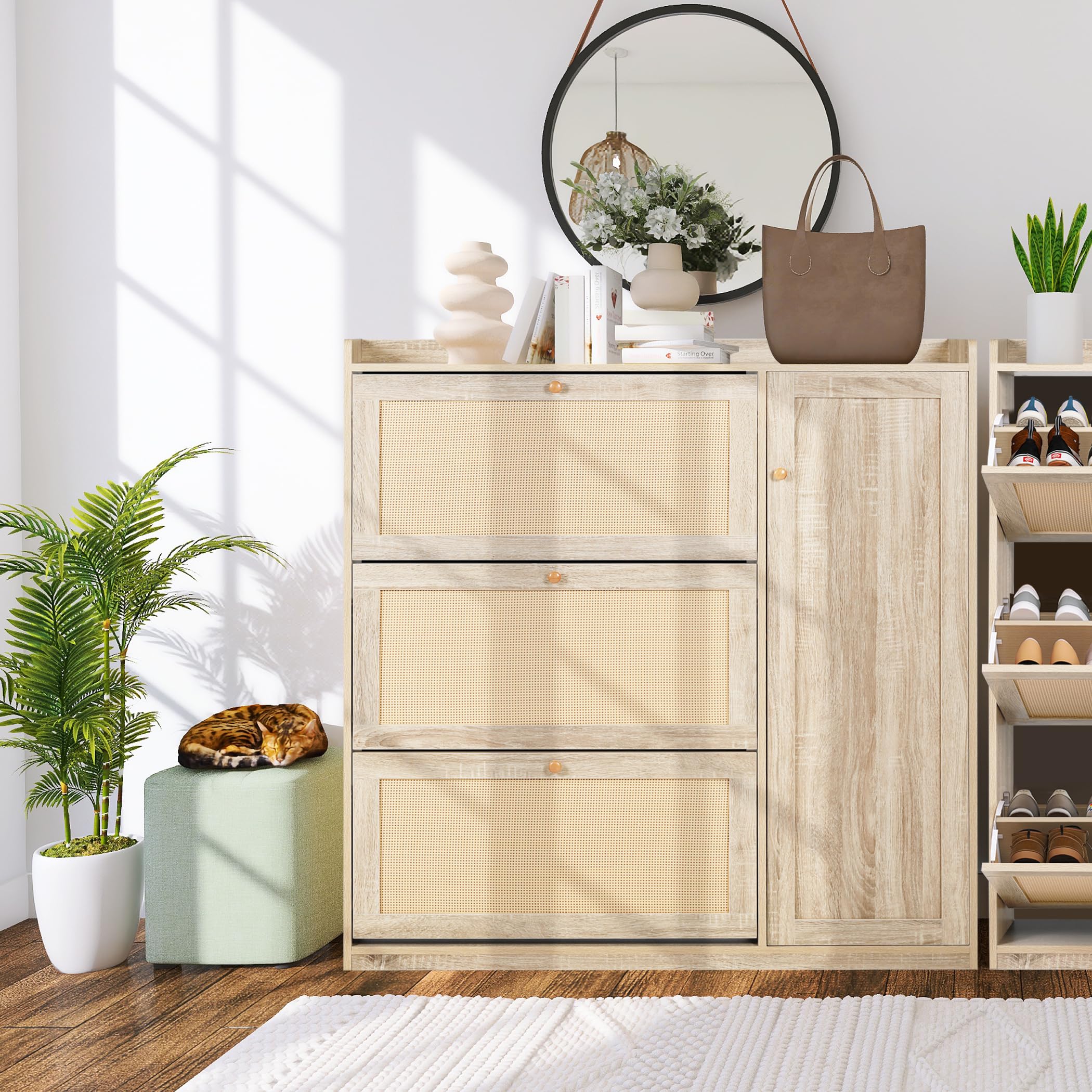 FUQARHY Shoe Cabinet with 3 Flip Drawers & Doors, Modern Slim Shoe Storage Cabinet Free Standing Shoe Organizer Shoe Rack for Boot, Sneaker, Entryway Narrow Shoe Storage for Hallway Living Room