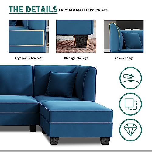 Shintenchi Reversible Modular Sectional Sofa Couch,116" Velvet U-Shaped Sectional Couch Sofa with Ottomans, 6 Pieces Modular Large Sectional Sofa Set for Living Room,Blue