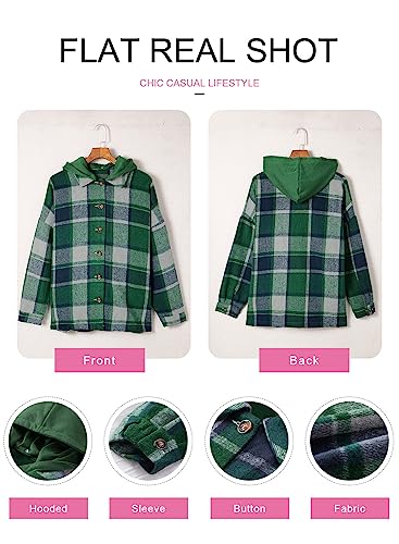 EVALESS Women's Hooded Flannel Fall Fleece Plaid Shacket Jacket 2023 Fashion Casual Long Sleeve Button Down Shirts Coats,Green XL
