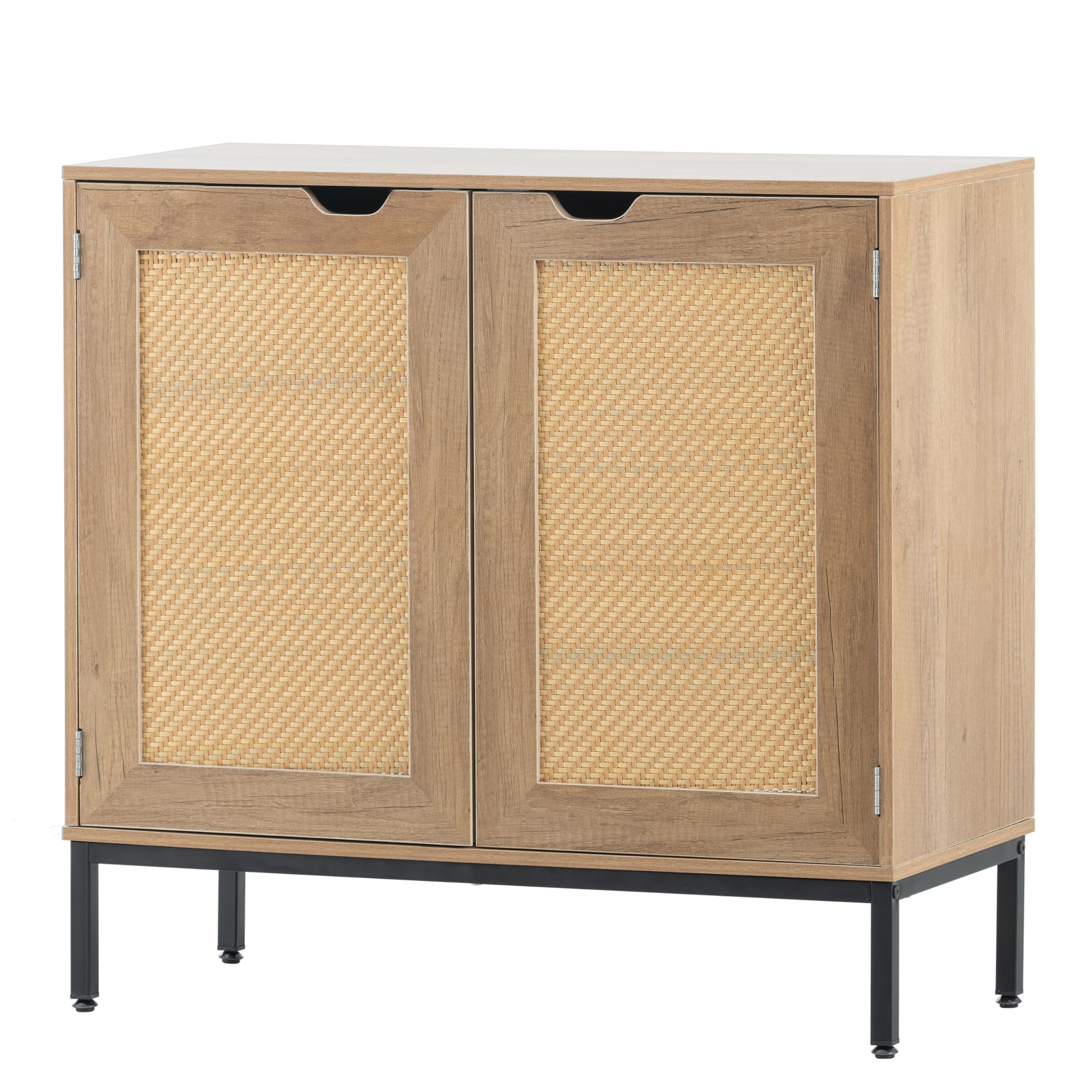 HESIEU Country Style Storage Cabinet with 2 Rattan Doors Natural Wood Sideboard Decorative Table Shoe Cabinet Office Cabinet with Metal Legs for Dining Room Kitchen Hallway Office
