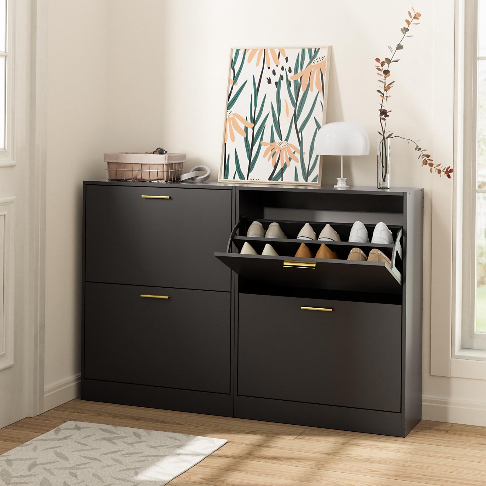 LYNSOM Shoe Cabinet, Free Standing Tipping Bucket Shoe Rack Organizer with 2 Flip Drawers, Modern Entryway Shoe Storage with Top Display, Narrow Slim Hidden Shoe Cabinet (Black)