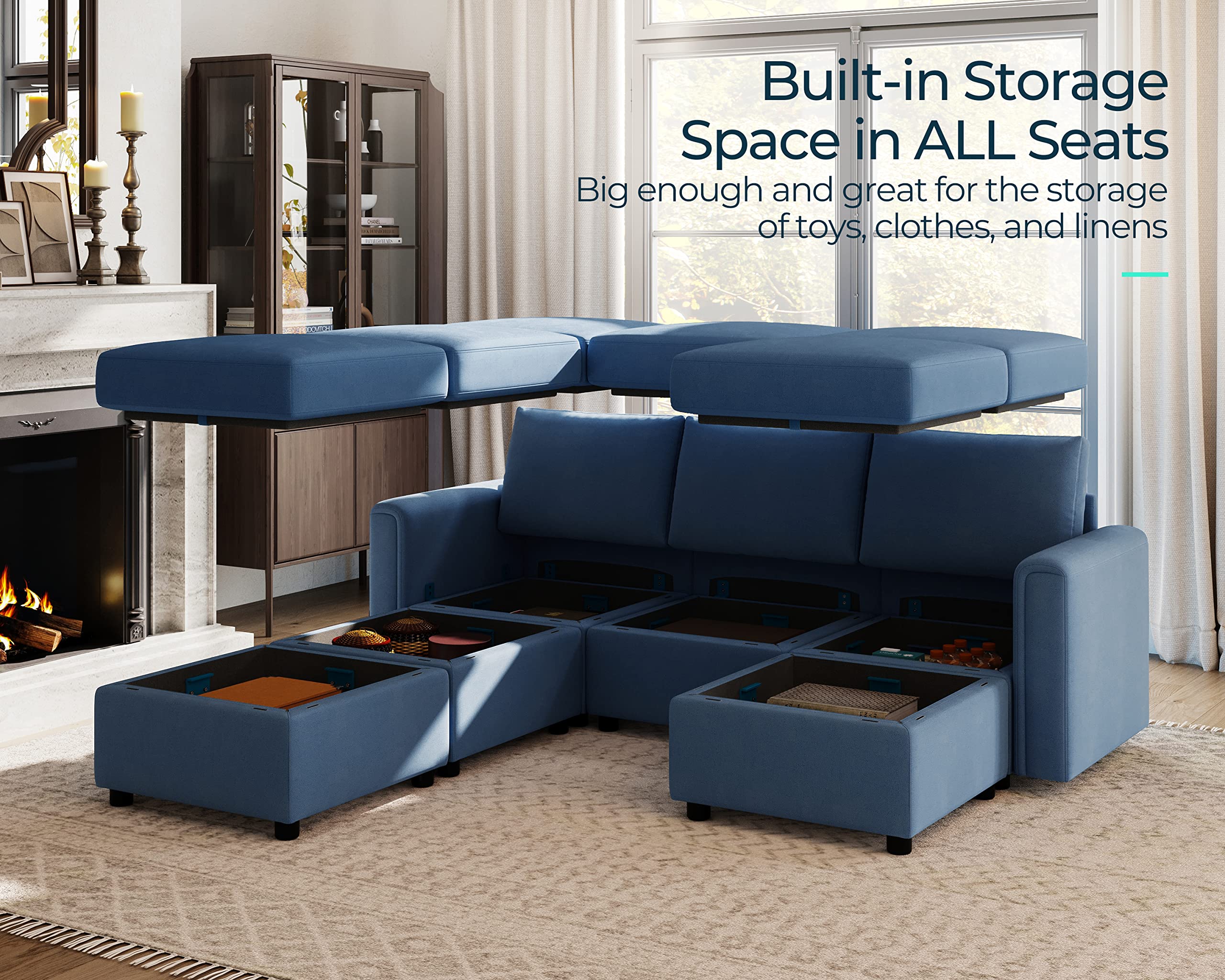 LINSY HOME Modular Sectional Sleeper Sofa, Sectional Couch with Ottoman Memory Foam, Storage Under Each Seat, Sofa Covers Washable Changeable, for Living Room, Blue