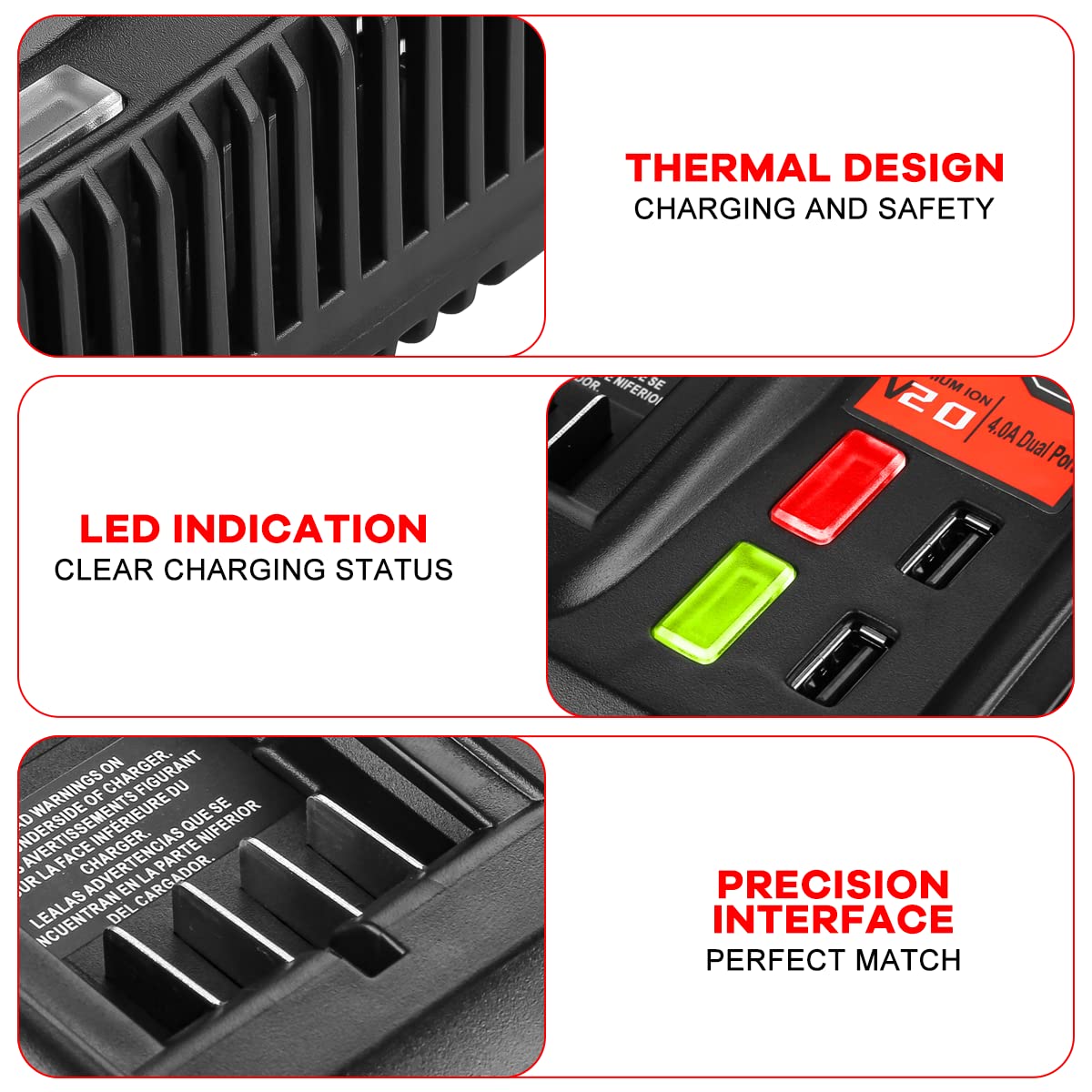 Dual Port 20V Fast Charger for Craftsman V-20 Lithium Battery Charger CMCB104 CMCB204 CMCB202 CMCB201 CMCB209 CMCB205 CMCB100 Replacement for Craftsman 20V Battery Charger