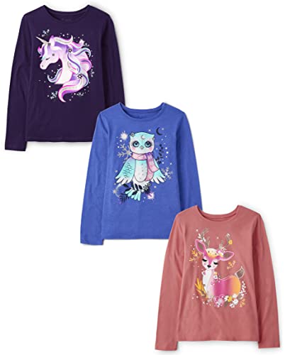 The Children's Place Girls Animal Long Sleeve Graphic T-Shirts,Multipacks Winter Deer/Owl/Unicorn 3-Pack Large