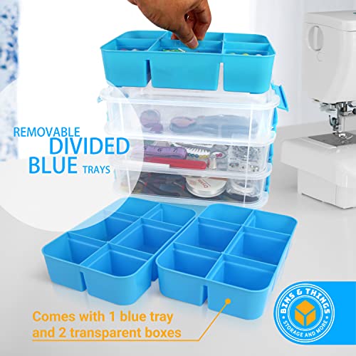 Bins & Things Stackable Storage Container with Organizers - 2 Trays - Blue - Craft Storage / Craft Organizers and Storage - Bead Organizer Box / Art Box Organizer - Art Storage Box & Craft Box Organizer