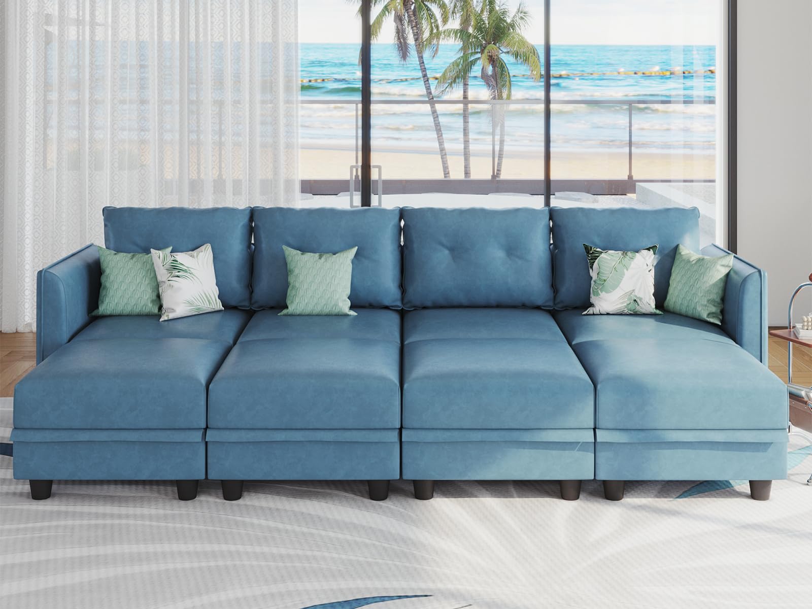 LLappuil Modular Sectional Couch with Reversible Chaise Faux Leather Fabric Oversized 8 Seater U Shaped Sectional with Storage Convertible Sofa Sleeper Couch, Navy Blue