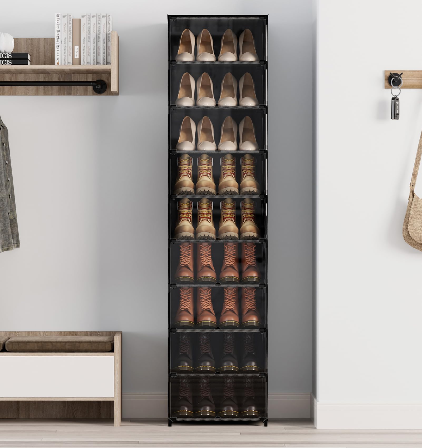 fiducial home 9 Tiers Tall Narrow Shoe Storage Cabinet for Entryway 18 Pairs High Top Shoe Cubby Container Bin with Clear Lid,Fit Size 12