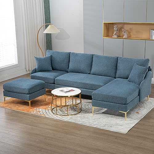 FANYE 110'' Modern Reversible Chaise Sectional U-Shaped Convertible, 4-Seat Polyester Blend Upholstered Sofa & Couch with 2 Pillows and Metal Legs for Home Apartment Office Living Room, Green, Blue