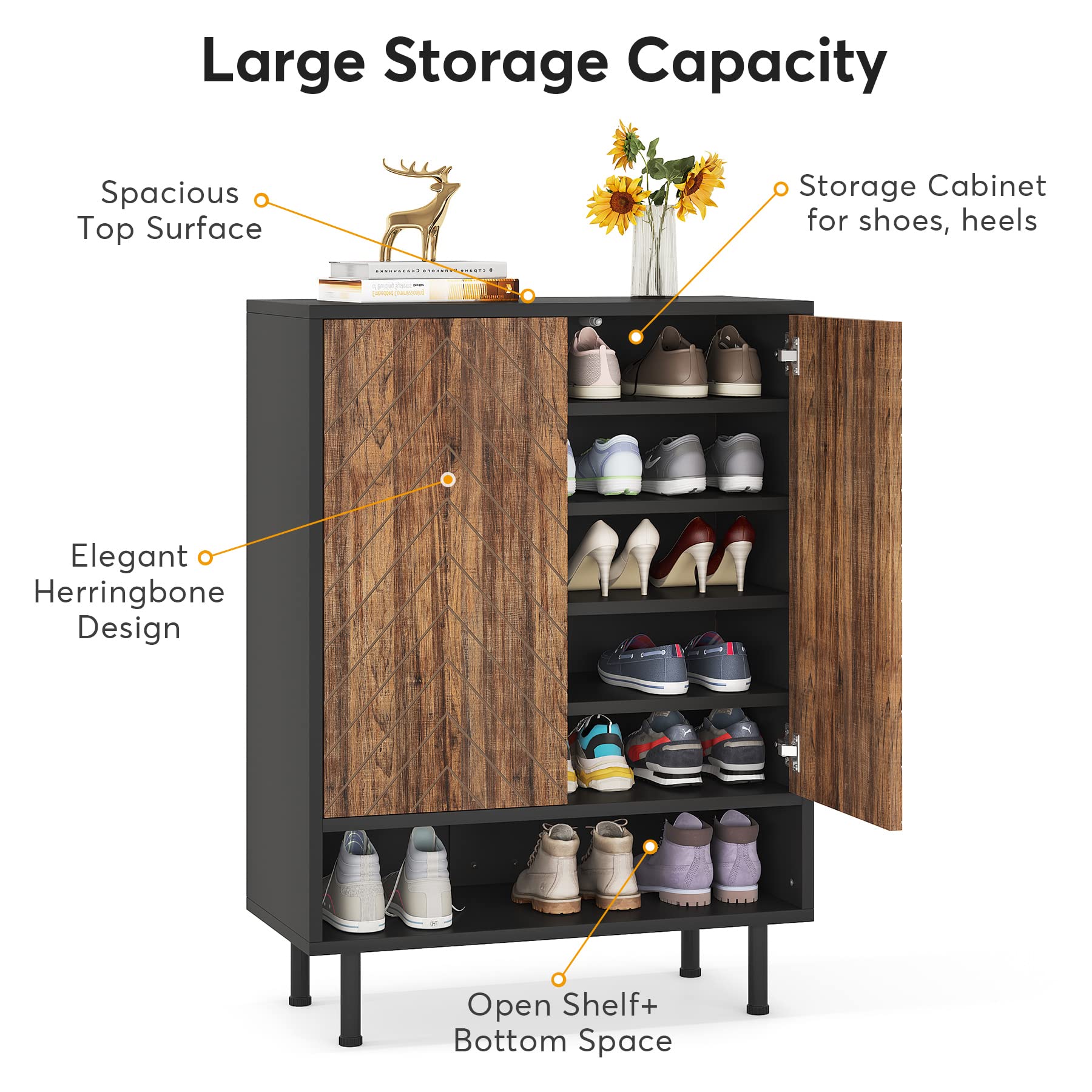 Tribesigns Shoe Cabinet, 18 Pair Shoe Rack Organizer Cabinet with Door, 6-Tier Modern Shoe Storage Cabinet with Shelves for Entryway Hallway Closet Bedroom, Black and Brown