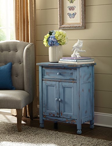 Rustic Cottage Accent Cabinet with 1 Drawer and 2 Doors in Blue Antique Finish for Living Room - Assembly Req'd., Distressed Wood, Adjustable/Removable Shelf