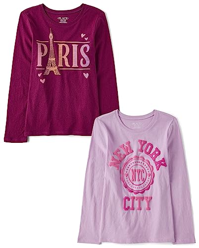 The Children's Place Girls Assorted Everyday Long Sleeve Graphic T-Shirts,Multipacks New York City/Paris 2-Pack Large