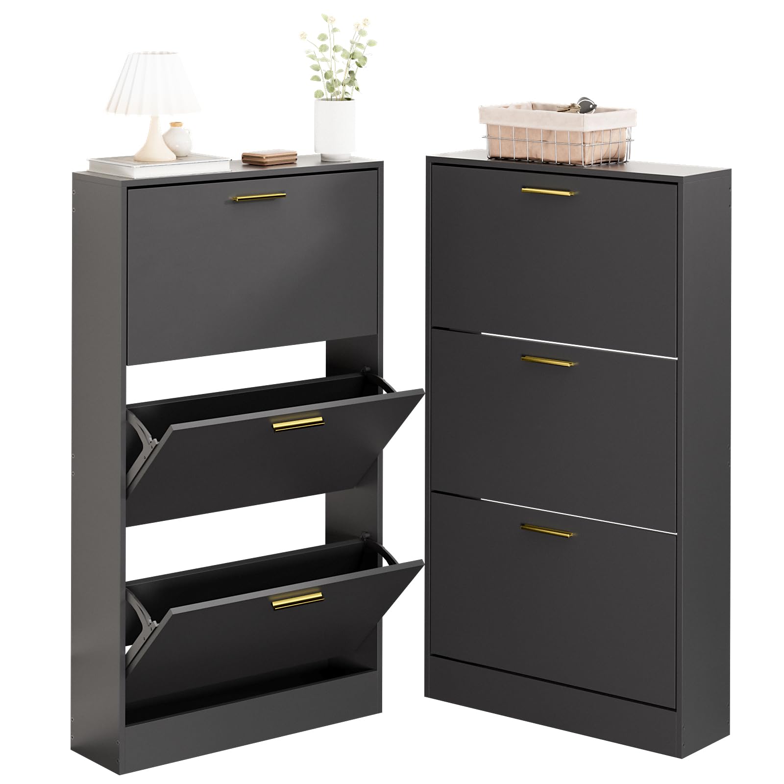 LYNSOM Shoe Cabinet, Free Standing Tipping Bucket Shoe Rack Organizer with 3 Flip Drawers, Modern Entryway Shoe Storage with Top Display, Narrow Slim Hidden Shoe Cabinet (Black)