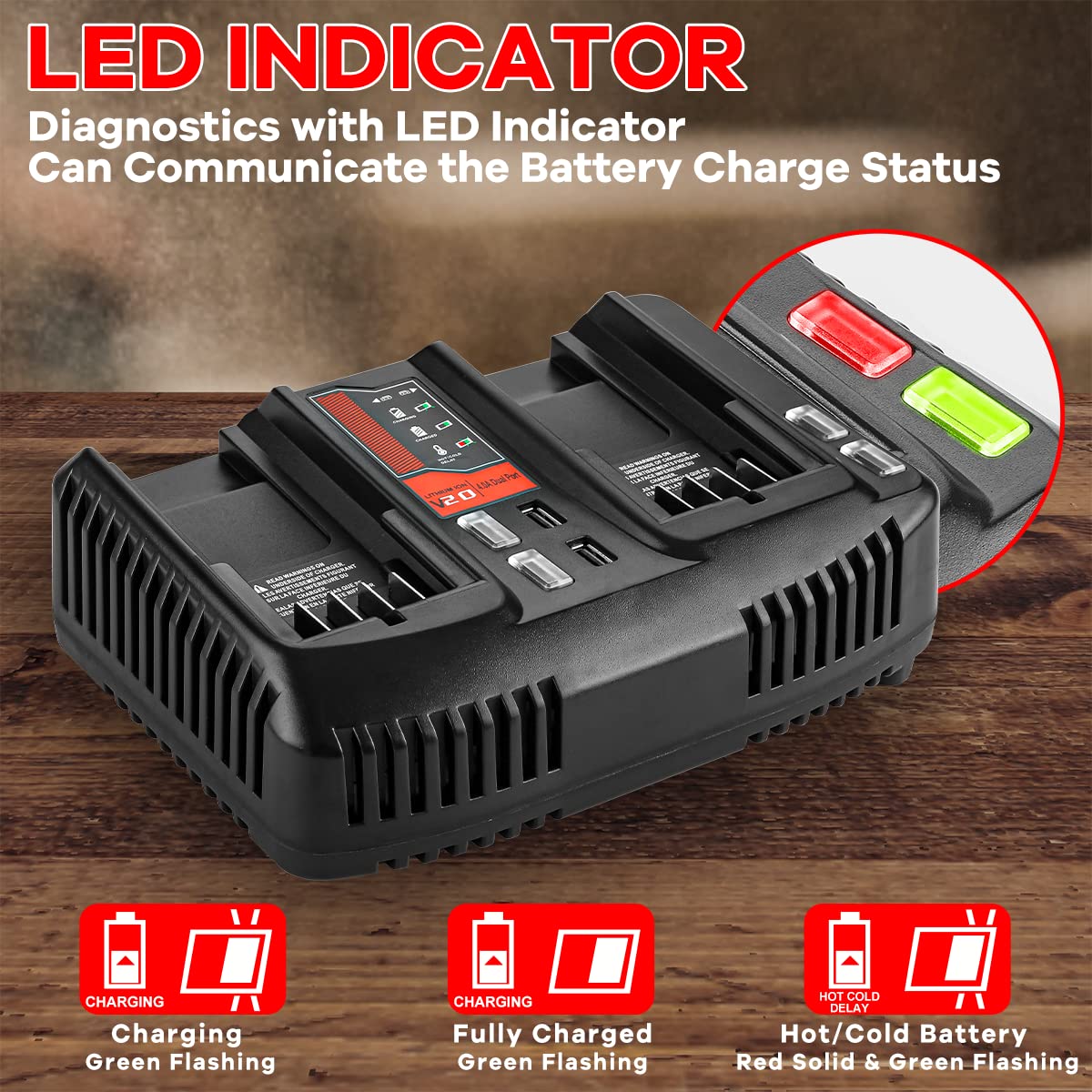 Dual Port 20V Fast Charger for Craftsman V-20 Lithium Battery Charger CMCB104 CMCB204 CMCB202 CMCB201 CMCB209 CMCB205 CMCB100 Replacement for Craftsman 20V Battery Charger