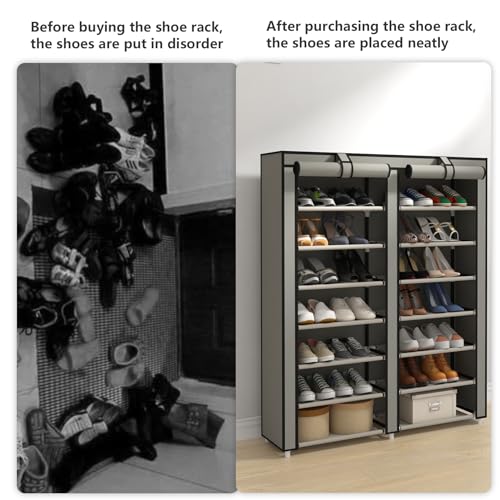 JIUYOTREE Double Row Shoe Rack Storage Organizer with Big Capacity,7-Tier Shoe Cabinet,Shelf,Closet with Nonwoven Fabric Cover for 28 Pairs of Shoes,Grey