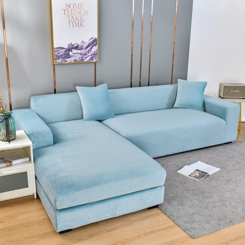 Velvet Sofa Slipover for L/U Shape Chaise Lounge Cover, Stretch 1 2 3 4 Seat Sectional Couch Cover Non Slip Furniture Protector for Kids Pets (Light Blue,L Shape(2seat+3seat))