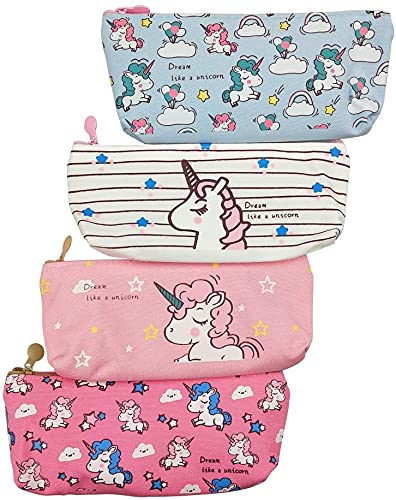 MOMOONNON 4PCS Cute Unicorn Cartoon Zipper Pencil Case Pouch Pen Holder Makeup Bag Organizer Canvas Stationery Storage Bag for Kids Girls